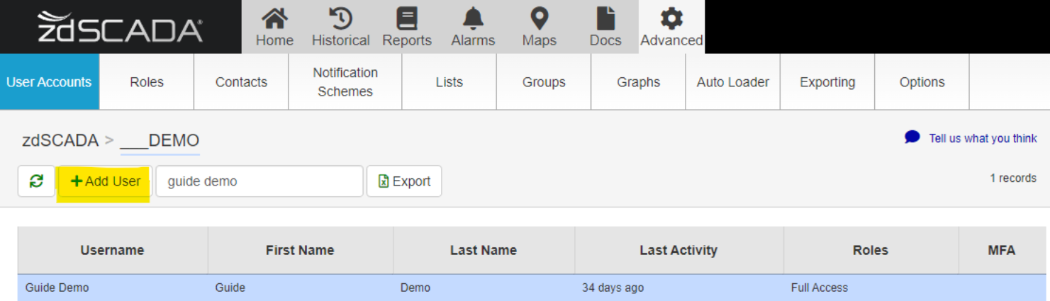 User Account Management – zdSCADA