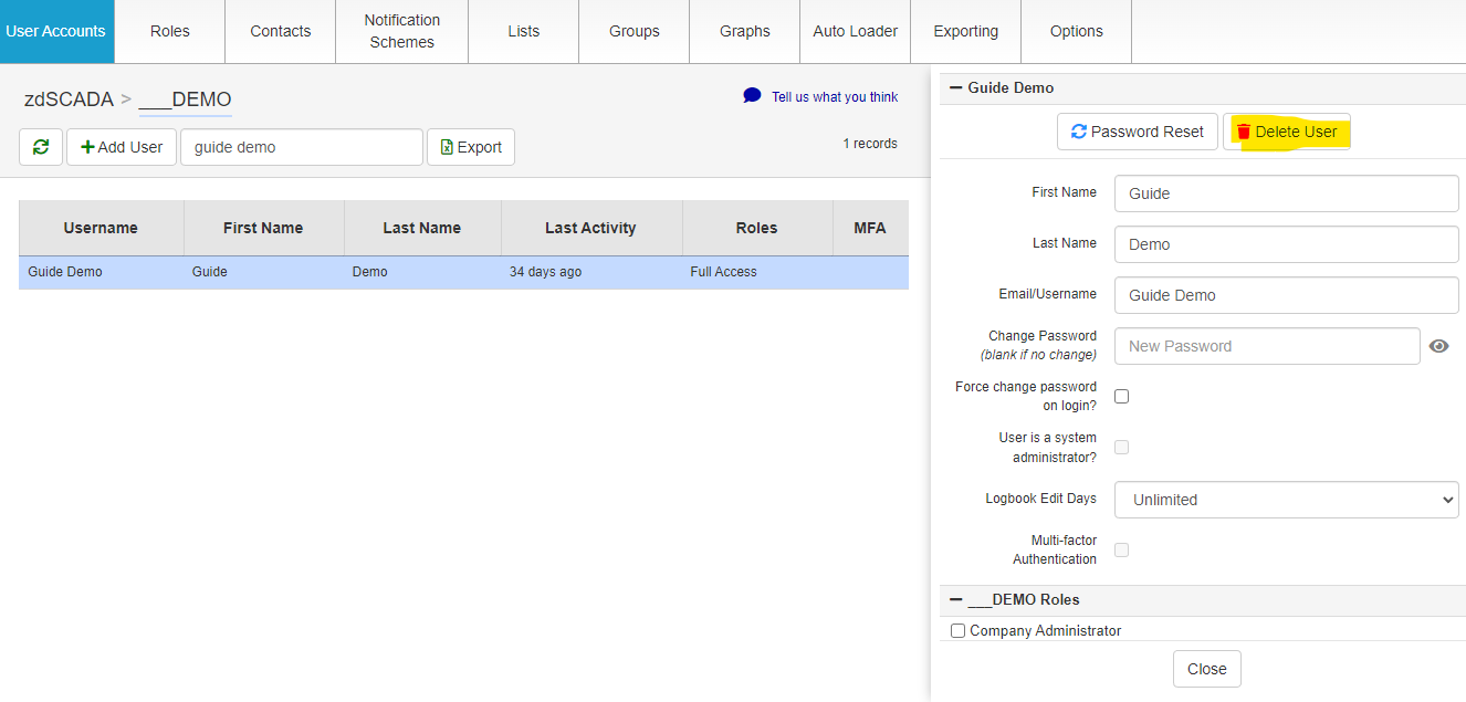 User Account Management – zdSCADA